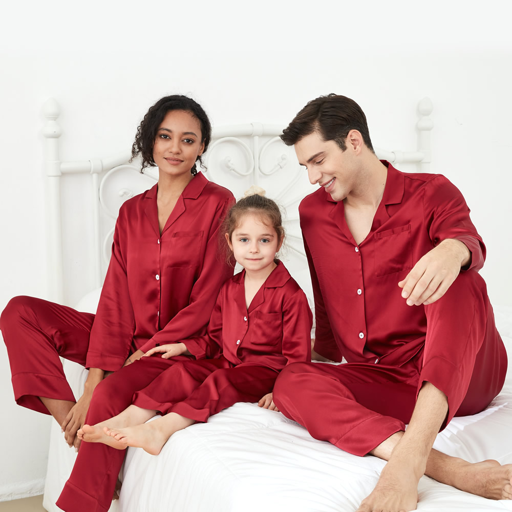 3 Sets RachelSilk Simple Silk Pajamas For Family - Claret | RachelSilk ...